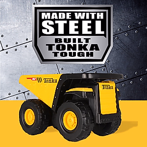 Tonka Steel Classics, Toughest Mighty Dump Truck – Made with Steel and Sturdy Plastic, Yellow Friction Powered, Boys and Girls, Toddlers Ages 3+, Big Construction Truck, Birthday Gift, Holiday