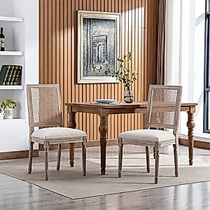 French Dining Chairs Set of 2, 2 Pack Vintage French Dining Chairs Set, Wood Frame Linen Fabric Seating Chairs with Painting Rattan Back, Living Room Chairs with Wood Legs, Easy Assembly, Cream