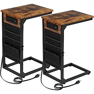 AMHANCIBLE C Shaped End Table with Charging Station, TV Tray Set of 2 with Storage, Couch Tables That Slide Under, Sofa Table for Living Room, Bedroom HET04CBR