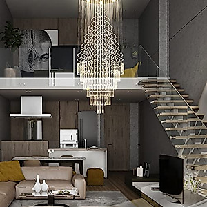 Luxury Large Foyer Chandelier, Modern 12-Lights Round Raindrop Crystal Chandeliers High Ceiling Flush Mount Light Fixtures for LivingRoom Entryway, Stairs D31.5 X H86.7 of CRYSTOP