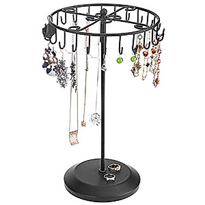 MyGift 14-Inch Black Metal Rotating Bracelet and Necklace Jewelry Tower with 24 Hooks and Round Base, Accessories and Keychain Holder Display Stand