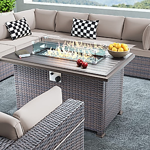 Gotland 15 Piece Outdoor Patio Furniture Set with Gas Fire Pit Table Sectional Sofa w/43in Propane Pit, 55,000 BTU Auto-Ignition Firepit w/Glass Wind Guard