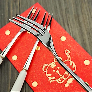 MEIYAHOME Fine Dessert Forks 18-10 Stainless Steel Fruit Fork(Creative White Ceramic Handle) Tasting Forks, 3-Tine Forks, sus304 6inch (4 Pcs)