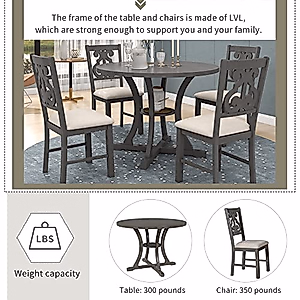Goozio 5-Piece Round Dining Table and 4 Fabric Chairs with Special-Shaped Table Legs and Storage Shelf,Gray
