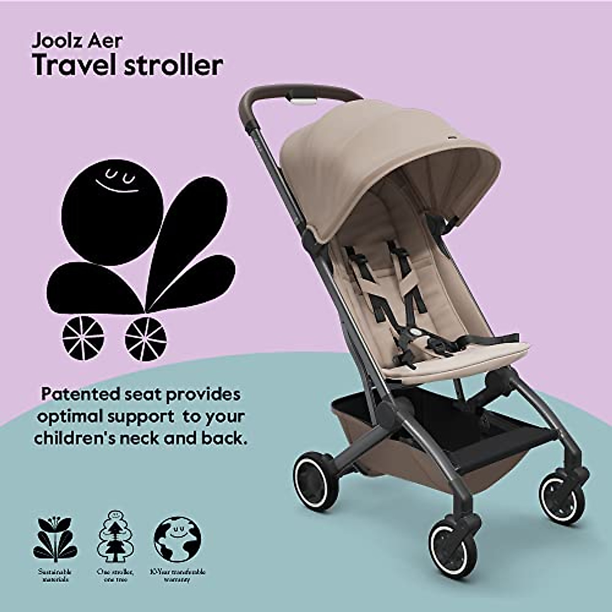 Joolz AER - Premium Baby Stroller - Comfortable & Compact - Foldable & Lightweight Travel Stroller - XXL Sun Hood - Raincover & Travelbag Included - Lovely Taupe