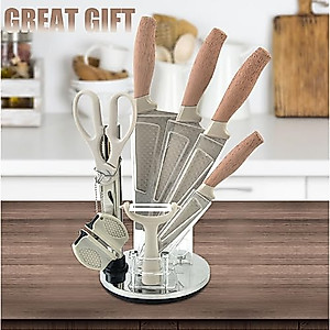 Kitchen Knife Set, 8-Piece Khaki Super Sharp Knife Set with Block, Kitchen Knife Block Set Stainless Steel Sturdy Durable Kitchen Knives, Non-stick Cooking Knives Sets with Knife Shapener (Khaki)