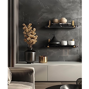Afuly Black Floating Shelves for Wall, Gold Shelf for Home Decor, 16 inch Wall Mounted Shelves for Living Room Bedroom Bathroom, Modern Luxury Storage Display Marble Shelf