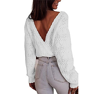 Dokotoo Womens Tops Sweaters Ladies V Neck Pullover Stylish Casual 2023 Fall Winter Long Sleeve Oversized Lightweight Comfy Cable Knit Pullover Cropped White