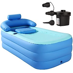Inflatable Bathtub Adult with Electric Air Pump, Indoor or Outdoor Portable Foldable Bath Tub and Ice Bath Tub, Freestanding Blow Up Bathtub with Bath Pillow Headrest for Adults Spa, 63"x33" (Blue)