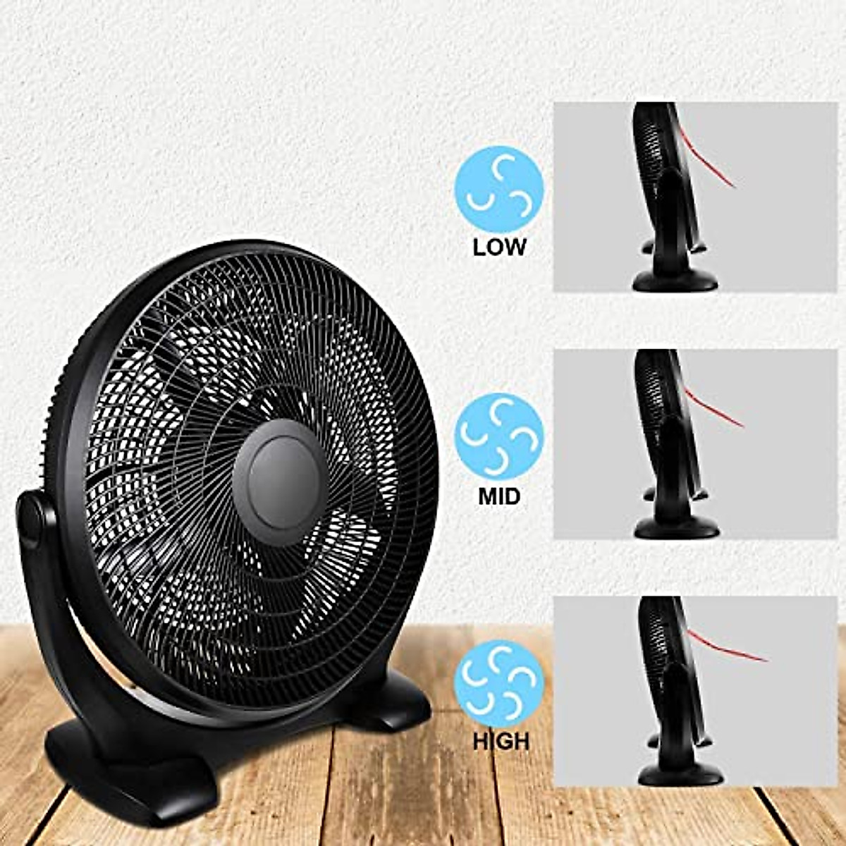 HealSmart 20 Inch 3-Speed Plastic Floor Fans Quiet for Home Commercial, Residential, and Greenhouse Use, Outdoor/Indoor, Black