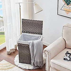 GREENSTELL Laundry Hamper with 2 Removable Liner Bags, Divided Clothes Hamper, 110L Handwoven Synthetic Rattan Laundry Basket with Lid and Handles, Foldable & Easy to Install Gray 22.2x13.3x24 Inches