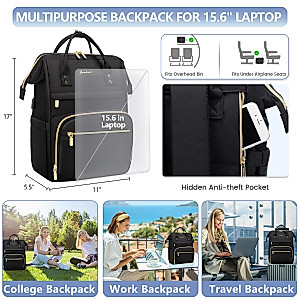 Focdod Work Computer Backpack For Women: 15.6 inch Nurse Bags Large School Teacher Laptop Bag Travel Purse Back pack With USB Charging Port Laptop Compartment Adult Waterproof Daypack Gift Black