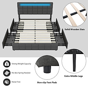 KOMFOTT Queen Bed Frame with Charging Station & LED Lights, Upholstered Platform Bed Frame with Adjustable Headboard & 4 Storage Drawers, Solid Wooden Slats Support, No Box Spring Needed, Noise Free