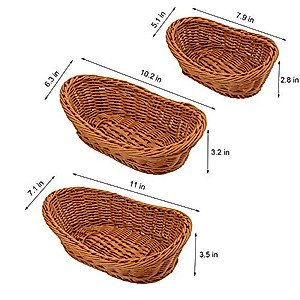 Yarlung 3 Pack Poly-Wicker Woven Breads Baskets, Stackable Oval Fruit Baskets Food Serving Holders for Vegetables, Home, Kitchen, Restaurant, Outdoor, Imitation Rattan Brown, 3 Sizes