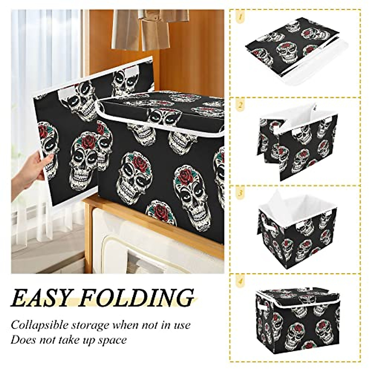 innewgogo Skull with Rose above Head Storage Bins with Lids for Organizing Cube Cubby with Handles Oxford Cloth Storage Cube Box for Toys