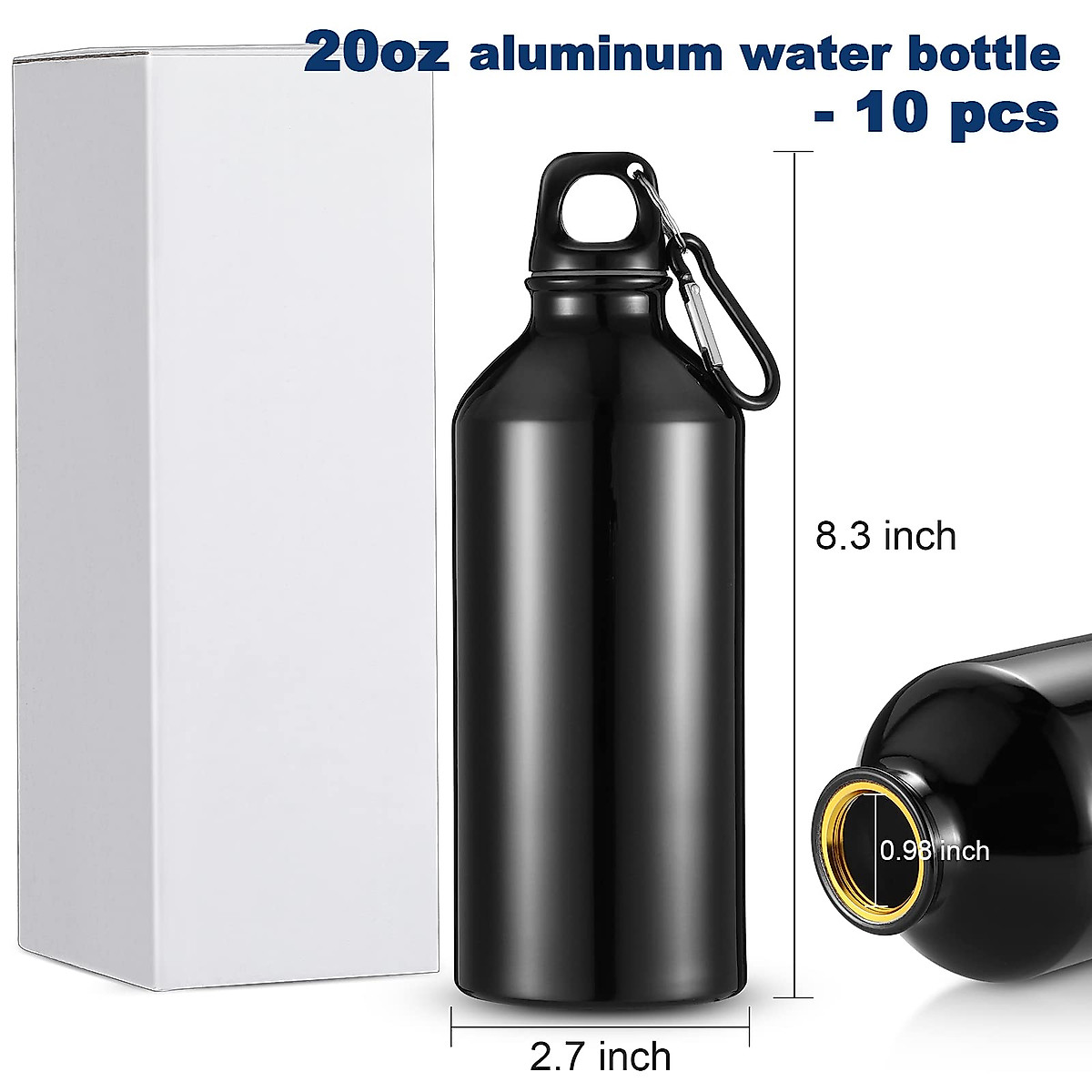 CHENGU 10 Pcs Aluminum Water Bottle 20 oz Reusable Bottles Lightweight Leak Proof Aluminum Sports Travel Bottles with Twist Cap Buckle for Gym, Hiking, Cycling, Camping, Fishing(Black)