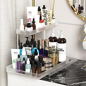 HzTinT 2 Pack Under Sink Organizer with Under Sink Tray, 2 Tier Sliding Bathroom Organizer Under Sink, L-Shape Under Cabinet Basket Organizer, Multi-purpose Pull Out Under Sink Drawers(Clear White)