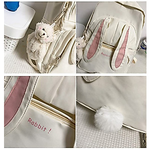 AQWEI 3D Kawaii Bunny Ear Backpack with Cute Bear Pendant for Girl School Bag Travel Backpack (Black)