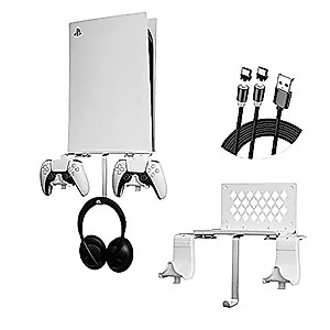 Hosanwell PS5 Wall Mount, PS5 Wall Mount Kit with 2 Detachable Controller Holder and Headphone Mount, Solid Metal with Accessories Easy Installation,White