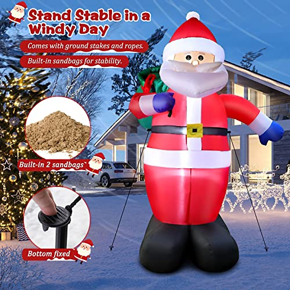 6 FT Christmas Inflatable Santa Claus Outdoor Decorations, Blow up Santa Claus with Gift Bag, Large Xmas Santa Carrying Present Sack, Outside Decor for Yard Garden Lawn Home Party, Built-in LED Lights