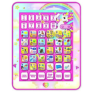Lexibook Unicorn Educational Bilingual Interactive Learning Tablet, Toy to Learn Alphabet Letters Numbers Words Spelling and Music, English / Spanish Languages, Pink, JCPAD002UNIi2