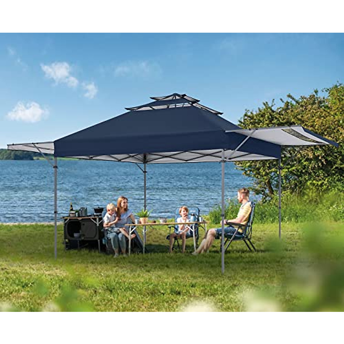 COOSHADE 10x17 Instant Canopy Tent 3-Tier Pop Up Canopy with Ventilation and Adjustable Dual Half Awnings(Navy Blue)