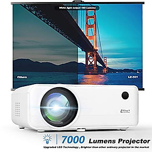 Living Enrichment Mini Projector, 1080P HD Supported Portable Video Projector, 7000 Lumen 50,000 Hours Led Lamp, 200'' Projection Display, Compatible with HDMI VGA USB DVD for Home Entertainment White