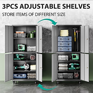 SISESOL Metal Storage Cabinet with Wheels,Rolling Garage Storage Cabinet with Lock,Gray Metal Cabinet with Shelves,Tool Cabinet,Tall Storage Cabinet on Wheels for Garage,Home,Office,Shop