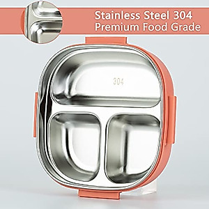 Lille Home 18oz Stainless Steel Leakproof 3-Compartment Bento Lunch Box/Portion Control Food Container with Lunch Bag and Foldable Spoon, BPA Free (Pink)