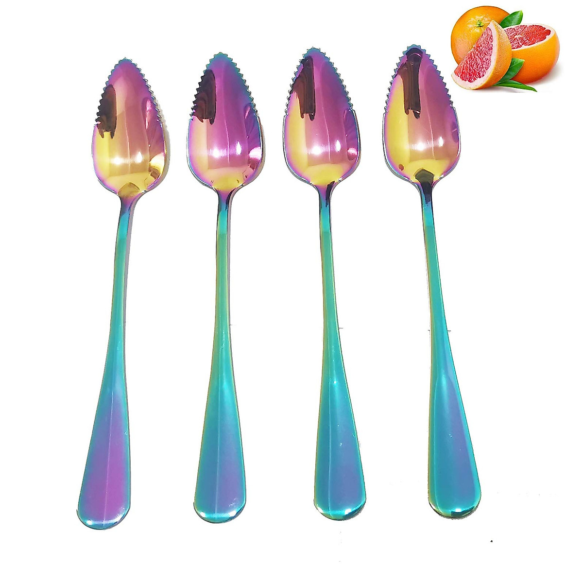 Choary 4 piece colorful Grapefruit Spoons 6.5 inch Metal Stainless Steel Grapefruit Spoons stainless steel spoon for dessert fruit and salad