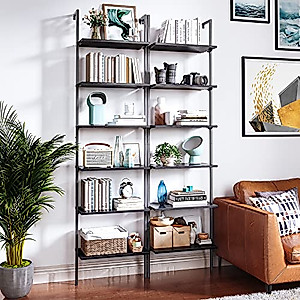 ODK 6-Tier Ladder Shelf, 87 Inches Wall Mounted Ladder Bookshelf with Metal Frame, Open Industrial Shelves for Home Office, Bedroom and Living Room, Black