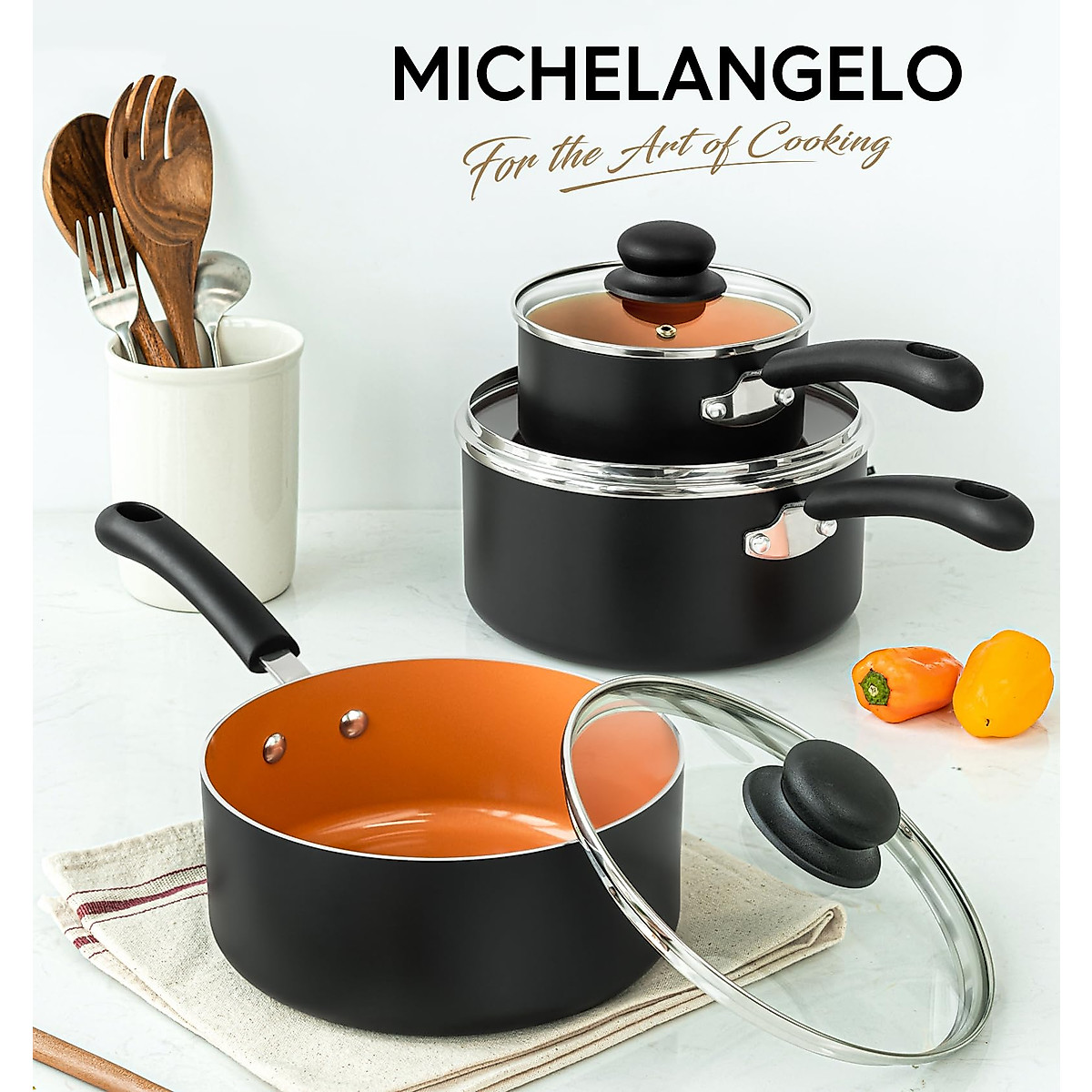 MICHELANGELO Nonstick Sauce Pan With Lid, 1QT&2QT&3QT Ceramic Saucepan, Copper Saucepans,PFAS-FREE Pot Set,Small Pots For Cooking,Multipurpose Cooking Pots Set For Home Kitchen,Dishwasher Safe