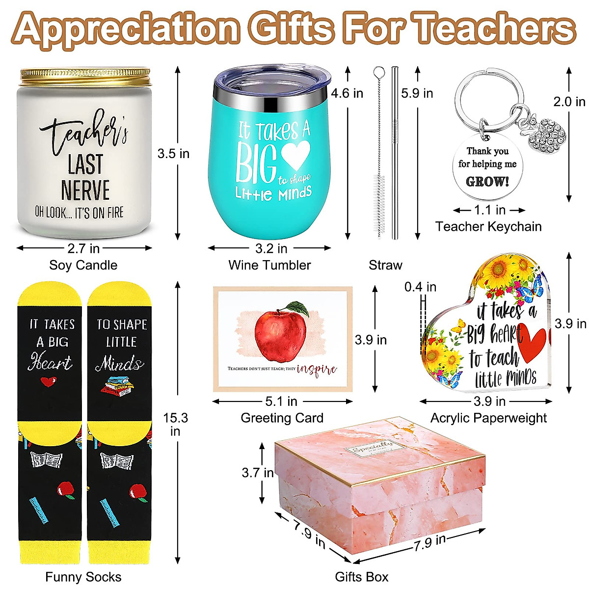 DERTE Teacher Appreciation Gifts Teacher Gifts Box Thank You Gift Baskets Wine Tumbler Scented Candle Funny Socks Acrylic Keepsake Keychain for Teachers Women (Teacher)