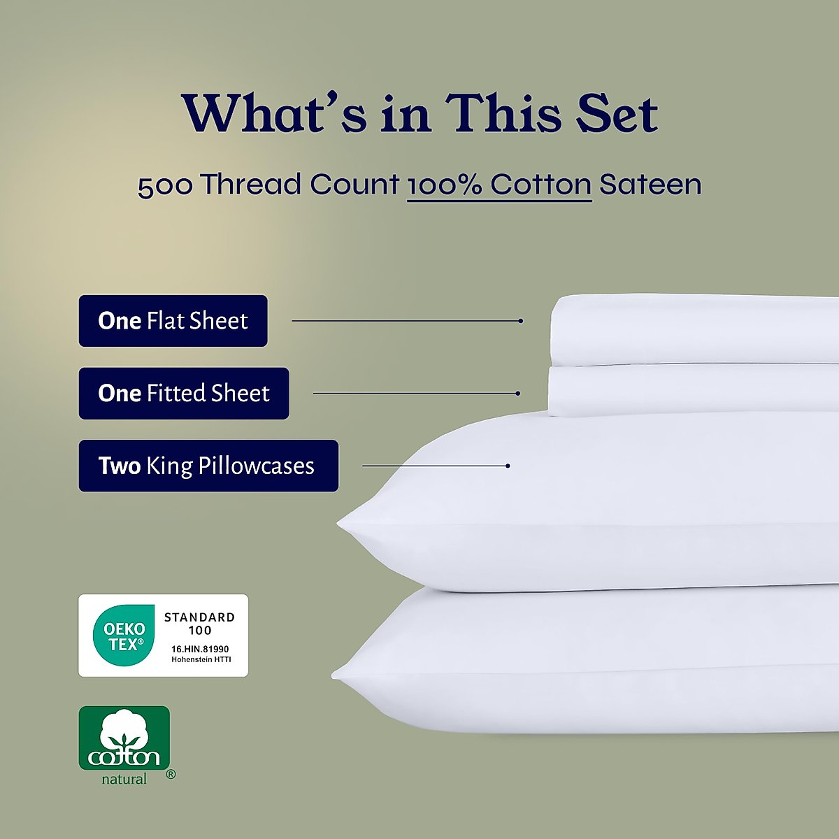 California Design Den 100% Cotton Sheets King Size Set - Cooling 500 Thread Count Sateen, Deep Pockets with All Around Elastic for a, Durable Bedding Set - White Sheets