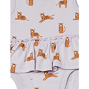 Amazon Essentials Baby Girls' Sleeveless Bodysuit Dress, Pack of 3, Gold Dots/Lilac Cheetah/Purple Stripe, 3-6 Months