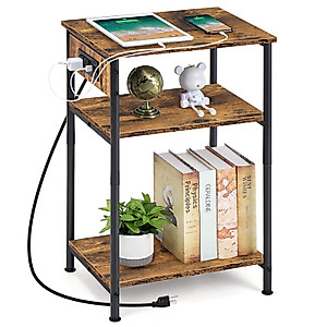 MOOACE Nightstand with Charging Station, 3 Tier End Table with Storage Shelf, Narrow Side Table with USB Ports & Outlets, for Small Space in Living Room, Bedroom and Balcony, Rustic Brown