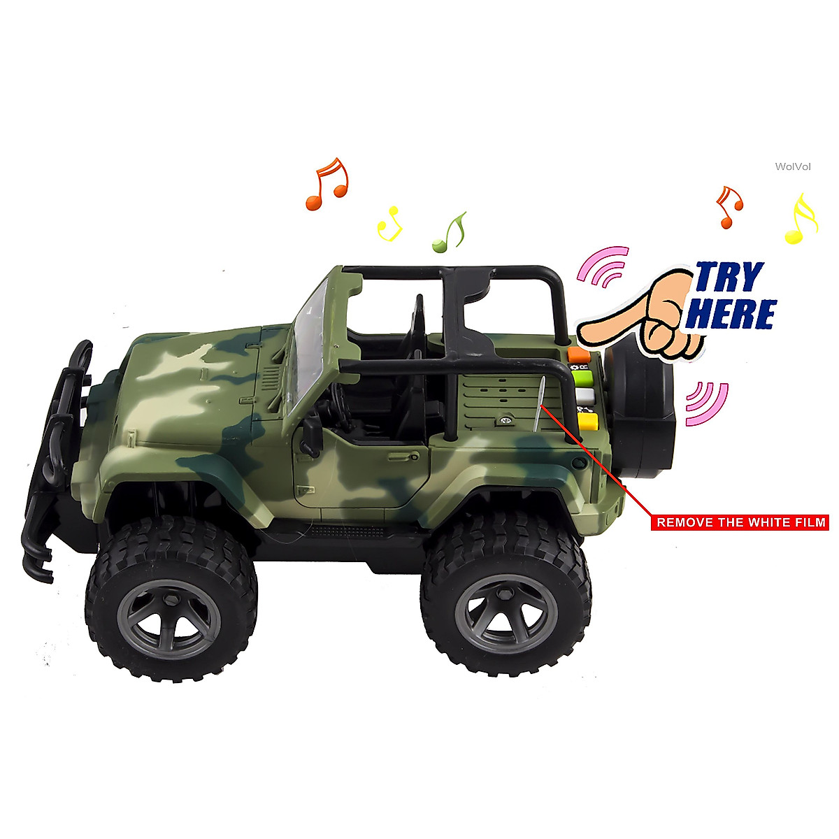 WolVolk Off-Road Military Fighter Car Toy - Friction Powered Toy Vehicle with Fun Lights & Sounds - 2 Doors Open - Great Gift for All Occasions for Kids Boys & Girl