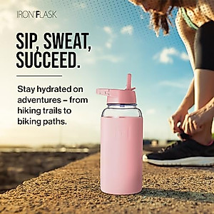 IRON °FLASK Glass Sports Water Bottle - Straw Lid, Airtight Leak Proof, Vacuum Insulated, Bosilicate Glass, Silicone Sleeve, Retains Temperature - Rose, 32 Oz