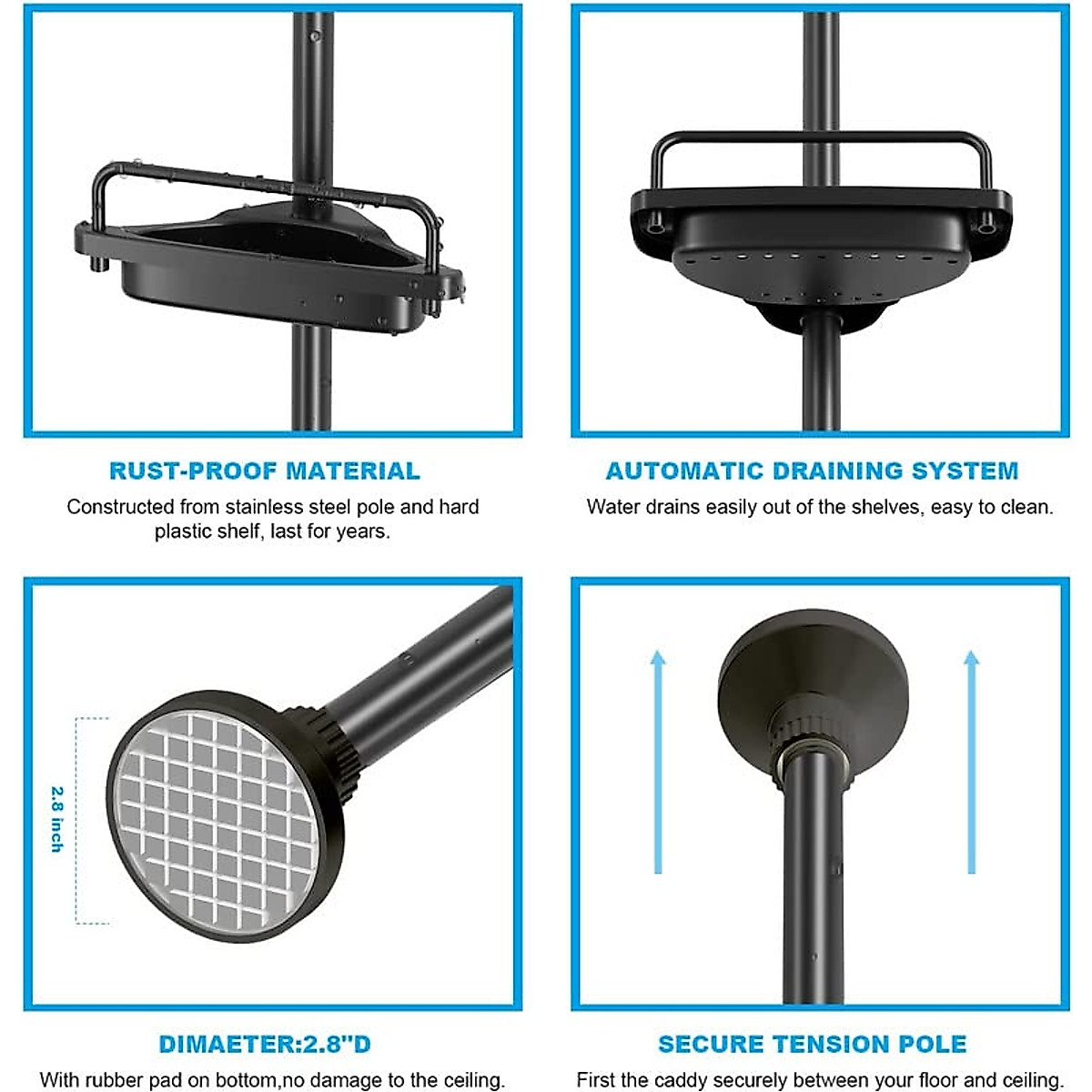 FRDECON Rustproof Shower Caddy Corner for Bathroom, 4-Tier Tension Pole Stainless Steel Shower Organizer, 56 to 117 Inch Adjustable Bathtub Shower Shelf Storage with 1 Tower Bar, Black