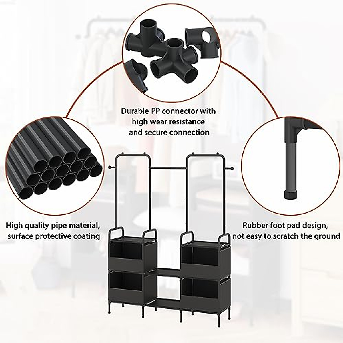 Laiensia Clothes Rack,3 Rods Portable Clothing Hanging Garment Rack,Coat and Shoe Rack with 4 Storage Shelves and 4 Storage Pockets,for Bedroom,Entryway,Living room,Black