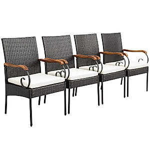 Tangkula Patio Wicker Chairs Set of 4, All Weather Heavy Duty Outdoor PE Rattan Dining Chairs, with Soft Zippered Cushion, for Backyard, Balcony, Poolside (2, Off White)