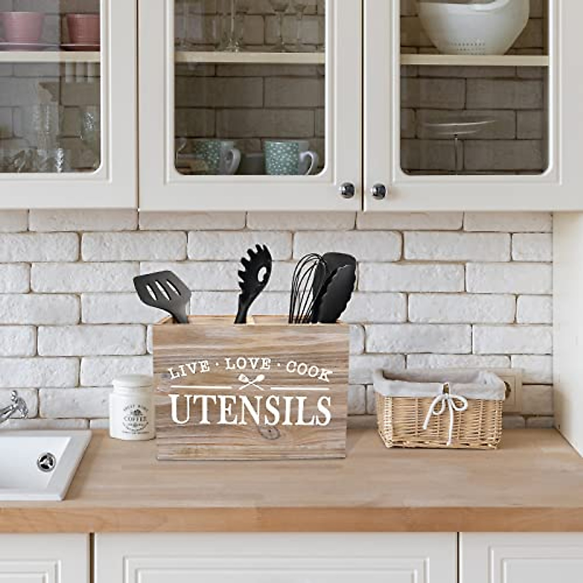 Karisky Kitchen Utensil Holder for Countertop, Farmhouse Solid Real Wood Utensil Caddy with Removable Bottom, 2 Compartments Utensil Crock Flatware Organizers for Kitchen, Nature