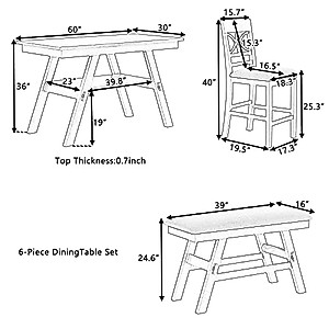 KLMM Modern Rustic 6 Piece Solid Wood Table Top Height Dining Set with Storage Shelf, Kitchen Table Set with Bench and 4 Chairs (Walnut#L-)
