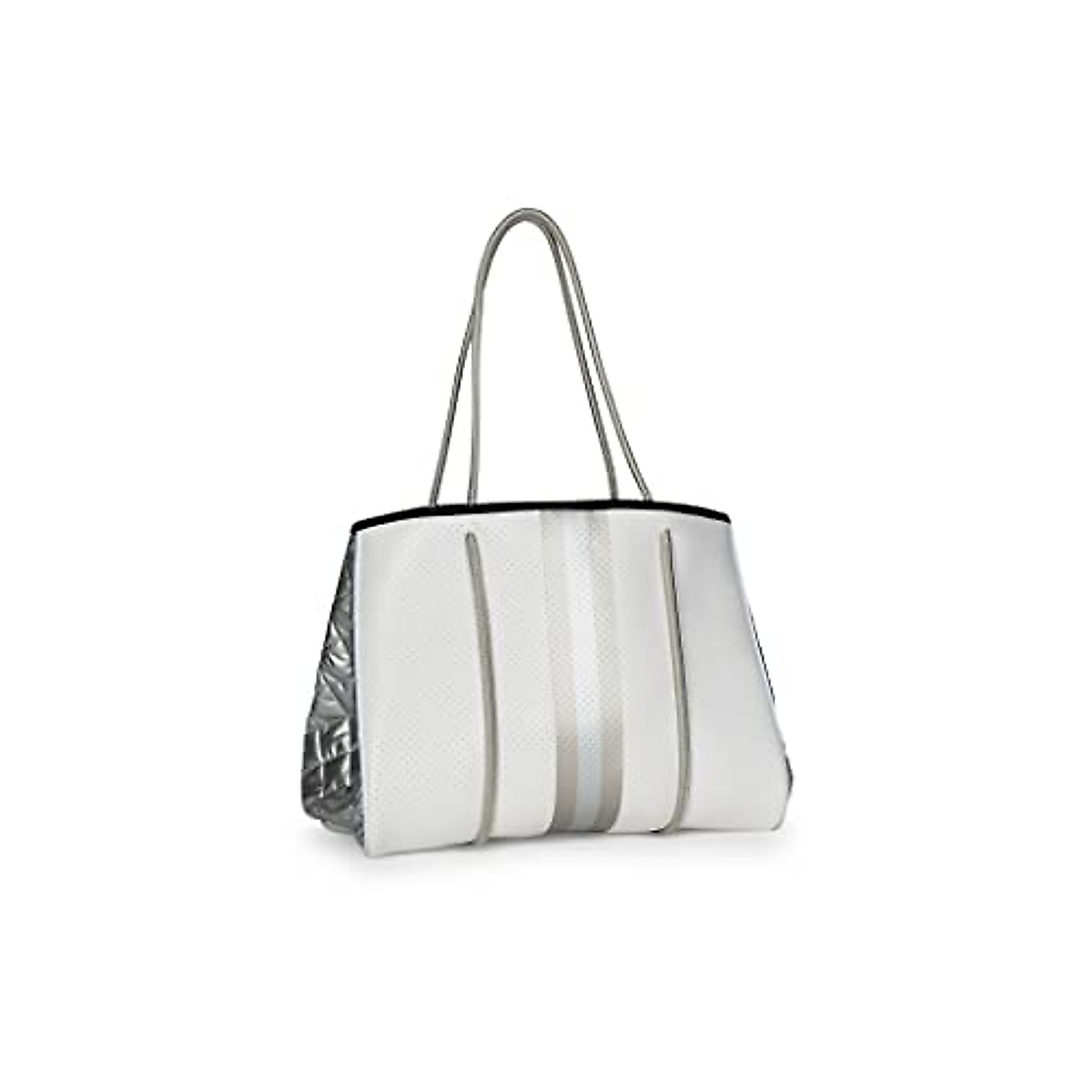 Haute Shore - Greyson Vapor Neoprene Tote Bag w/Zipper Wristlet Inside, White Coated W/Silver & Rosegold Stripe, One_Size