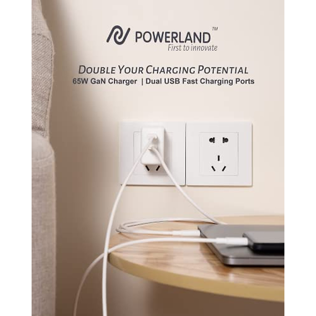 Powerland USB C GaN Charger 33W Usmile33 Ultra-Thin, PD PPS Fast Charger Adapter Compatible with iPhone 14/13/12,Pixel,Galaxy,iPad/iPad Mini,Galaxy S Series, MacBook Pro/Air and More (with Cable)