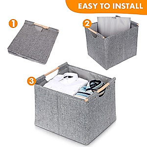 ShellKingdom Large Storage Bins, Foldable Linen Fabric Storage Baskets for Shelves, Cloth Storage Organizer Drawer for Closet Toys Storage with Wooden Handles for Home, Office, 12.59x14.96 inch, Grey