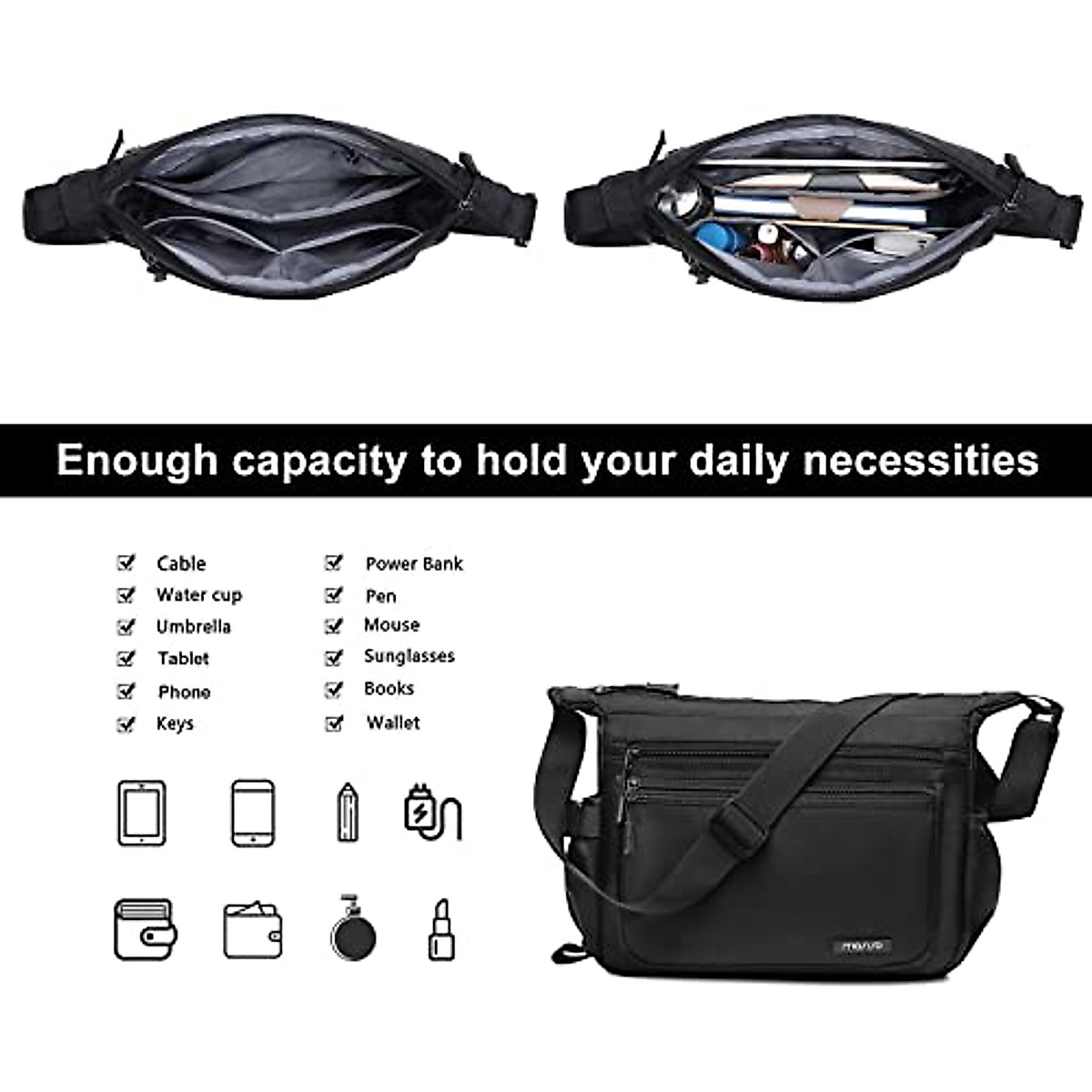 MOSISO Crossbody Bag Casual Shoulder Bag for Women Men, Waterproof Multifunction Handbag Travel Messenger Bag with 2 Horizontal Pockets, Black
