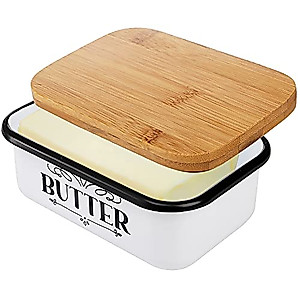 Yesland Butter Dish with Wooden Lid - Unbreakable Enamel Butter Container - Large Vintage Farmhouse Style Butter Keeper for 2 Sticks of Butter East or 1 West Coast Butter(White and Brown)