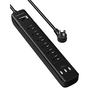 SUPERDANNY Surge Protector Power Strip with USB, ETL Listed, 2100J Flat Plug Extension Cord 5ft 15A 1875W, 6 Outlets 3 USB Ports, Wall Mount, Safety Covers, Black, 2022 Version