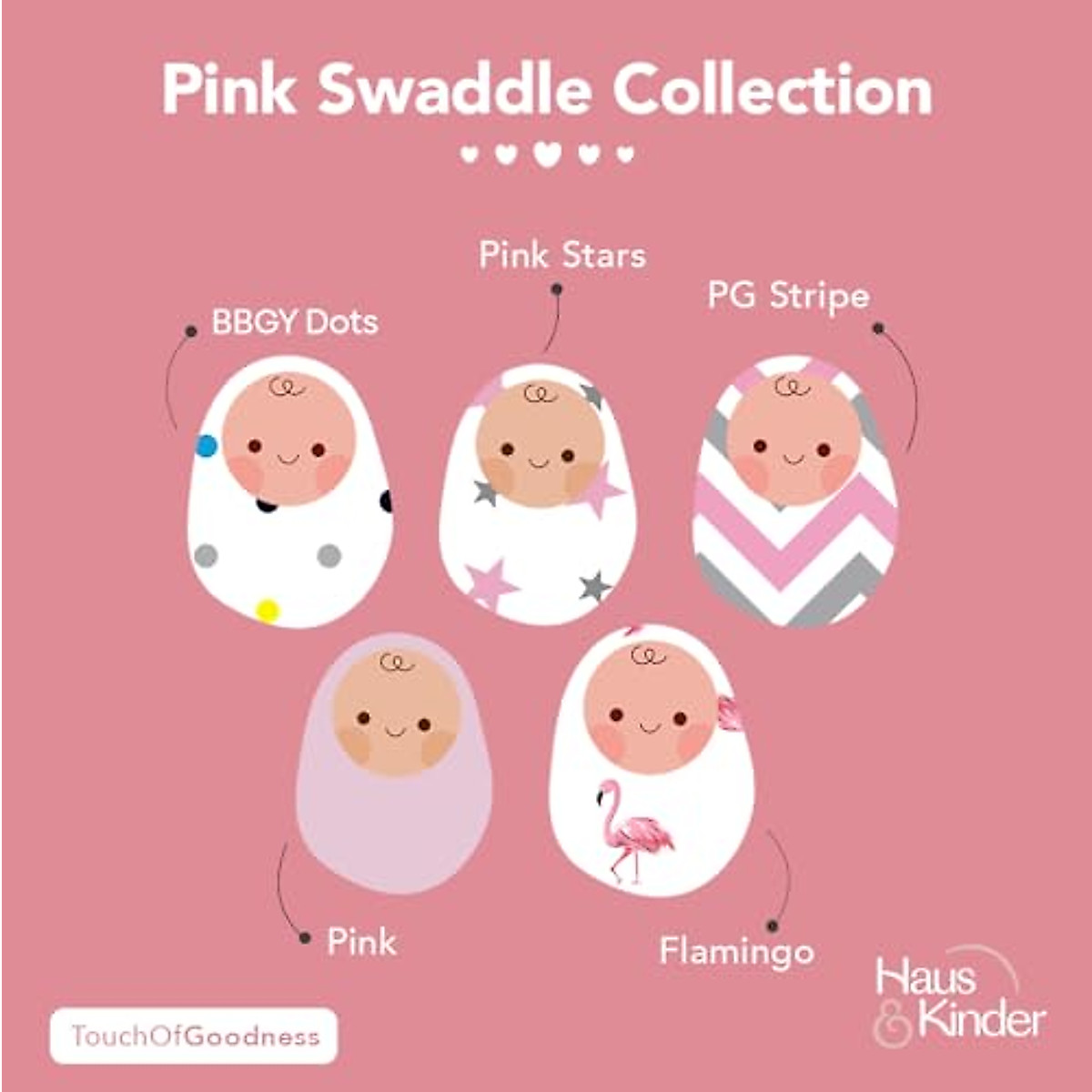haus & kinder Muslin Swaddles for Newborns, Pack of 5 Super Soft & Skin-Safe Cotton Baby Swaddle Blanket, Receiving Blankets for Boys & Girls (Pink Edition)